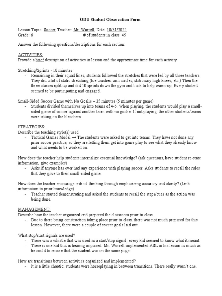 469 Observation 1 | PDF | Teachers | Psychology