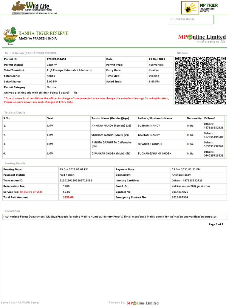 Kanha Booking | PDF | Identity Document | Fee