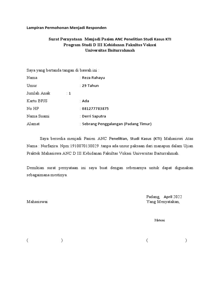 Surat Persetujuan Menjadi Responden Ujian Praktek ANC | PDF
