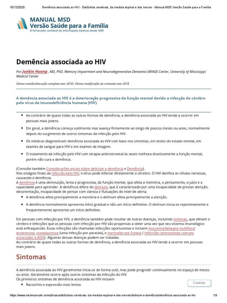 Demência Associada Ao HIV - Distúrbios Cerebrais, Da Medula Espinal e Dos Nervos - Manual MSD ...