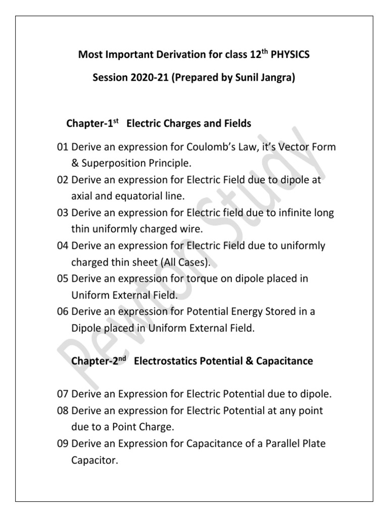 Most Important Derivation For Class 12th PHYSICS | PDF | Electric Field ...