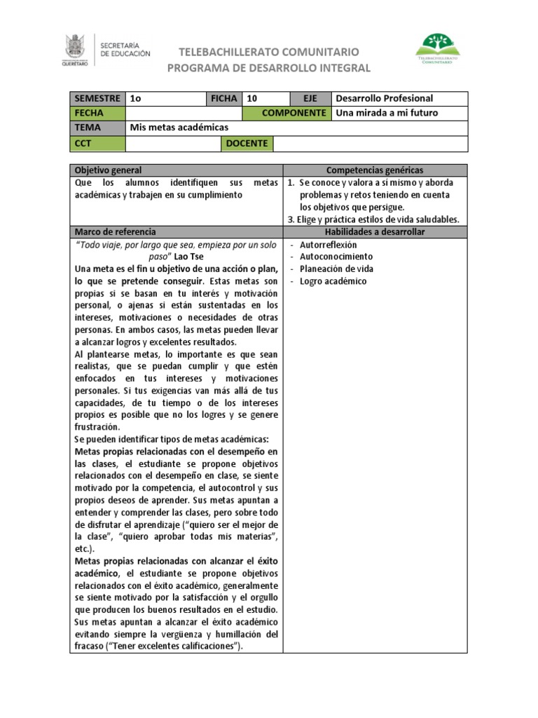 Mis Metas Académicas en Telebachillerato | PDF | Cognición | Ciencia ...