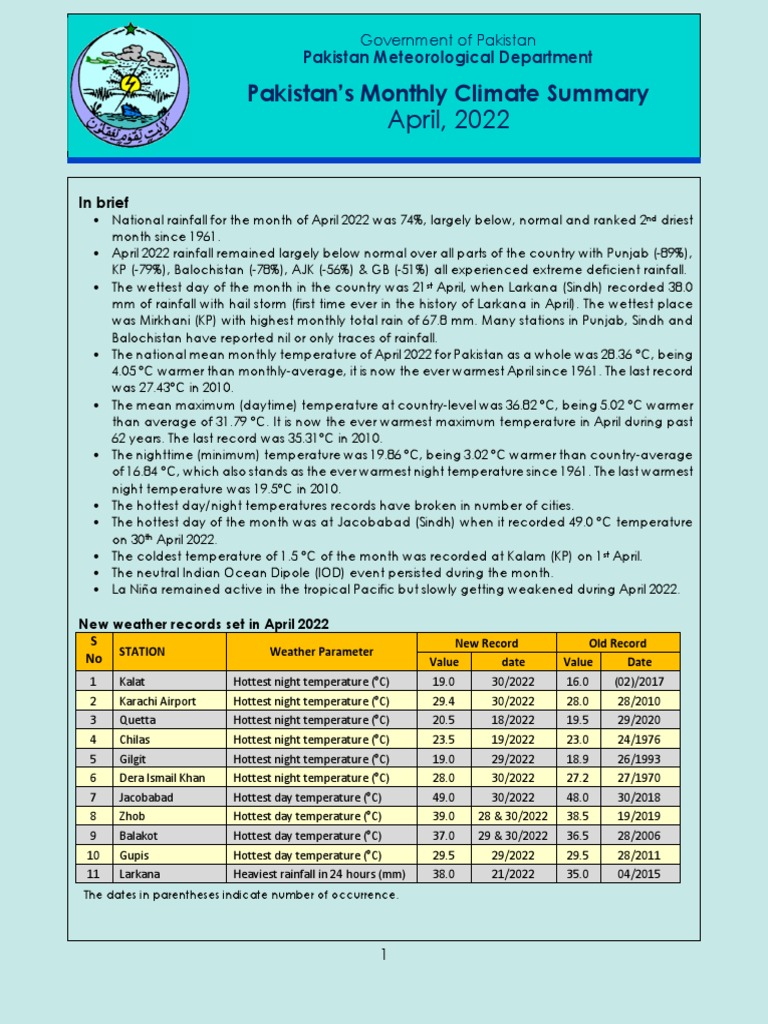Pakistan Monthly Climate Summary April 2022 | PDF | Climate | Rain Pakistan Monthly Climate Summary April 2022 | PDF | Climate | Rain