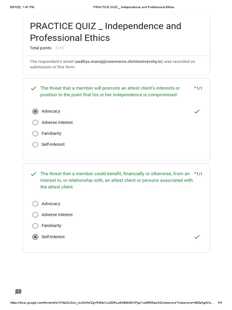 PRACTICE QUIZ - Independence and Professional Ethics | PDF | Audit ...