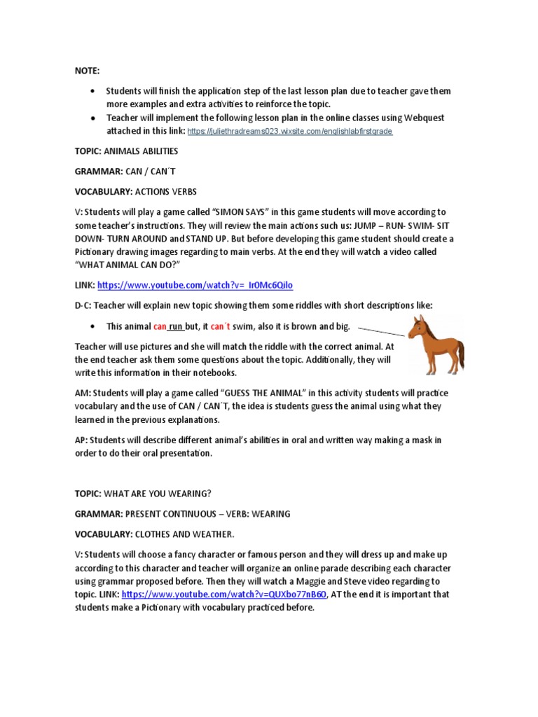 Lessons Plan Clothes - Animals Abilities | PDF | Lesson Plan | Linguistics