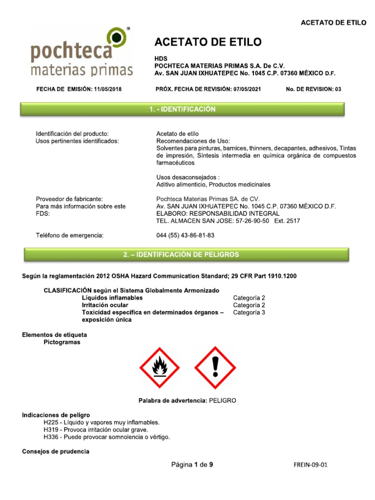 HDS Acetato de Etilo Pochteca GHS | PDF