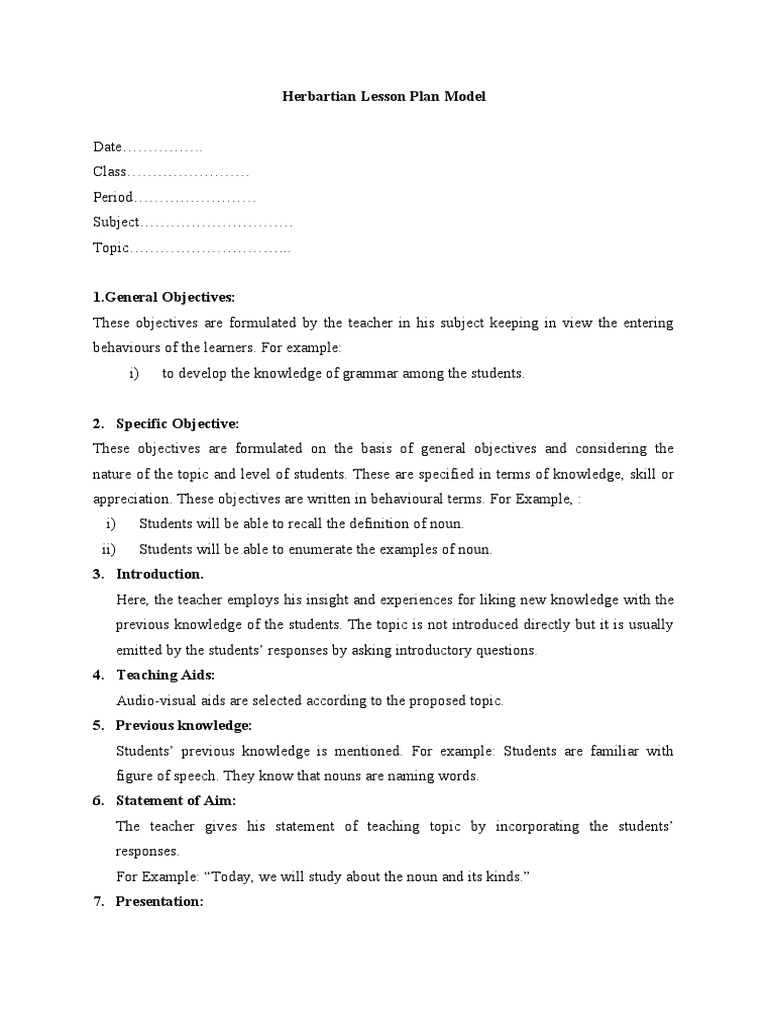 Herbartian Lesson Plan Model | PDF | Teaching Method | Question