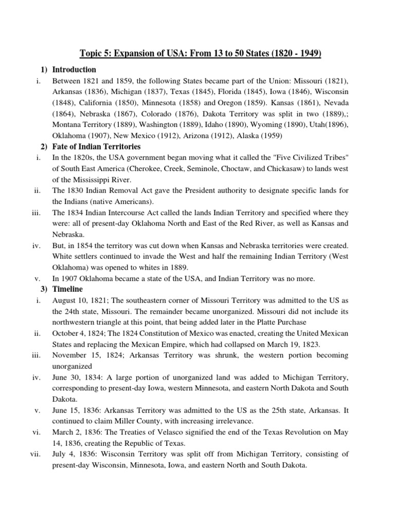 Topic 5 Expansion of USA From 13 To 50 States (1820 - 1949) | PDF ...