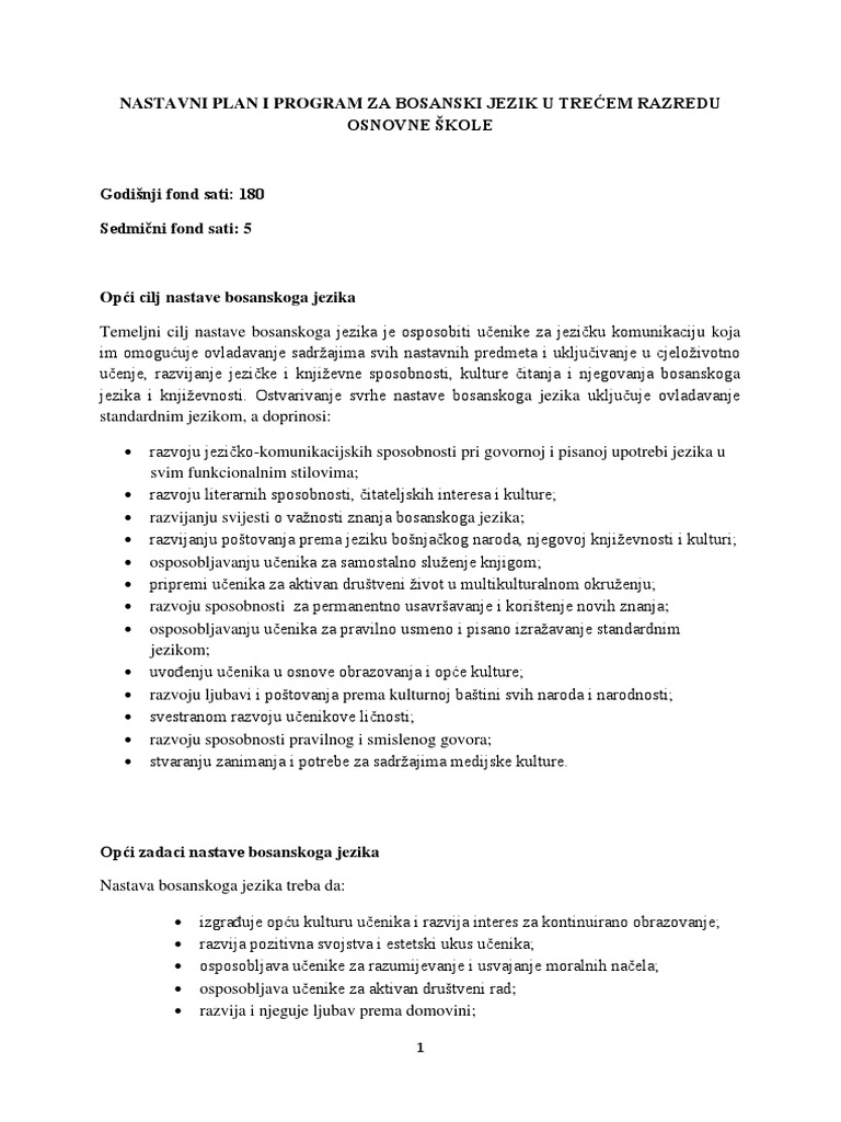 Nastavni Plan I Program Za Bosanski Jezik Za Treći Razred Osnovne Skole | PDF