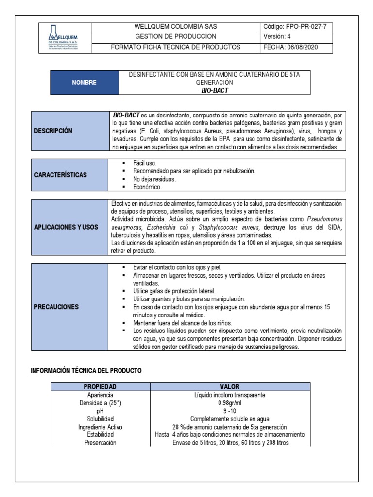 Desinfectante BIO-BACT: Efectivo y Seguro | PDF | Agua | Las bacterias