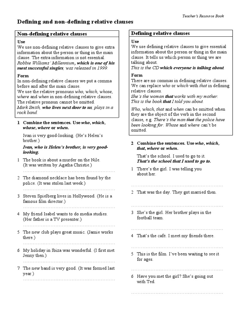 Teacher's Resource on Defining and Non-Defining Relative Clauses | PDF | Clause | Linguistic ...