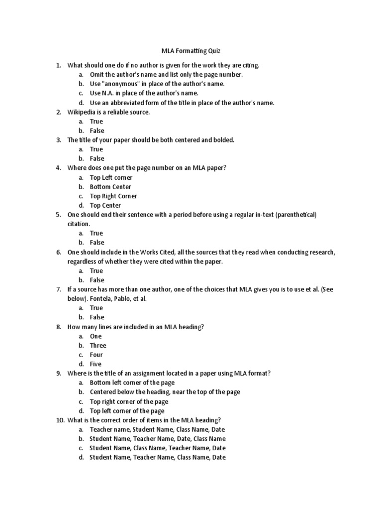 MLA Formatting Quiz | PDF