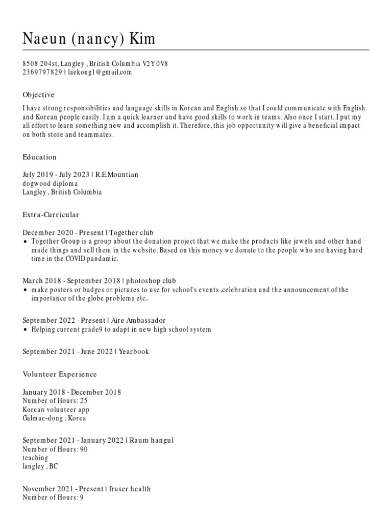 Nancy-Naeun Kim Resume - Resume 1 1 | PDF