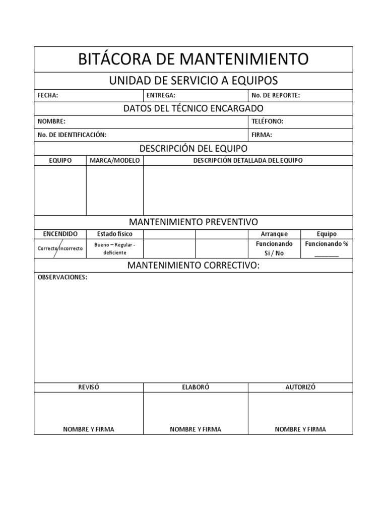 Bitacora para Mantenimiento | PDF