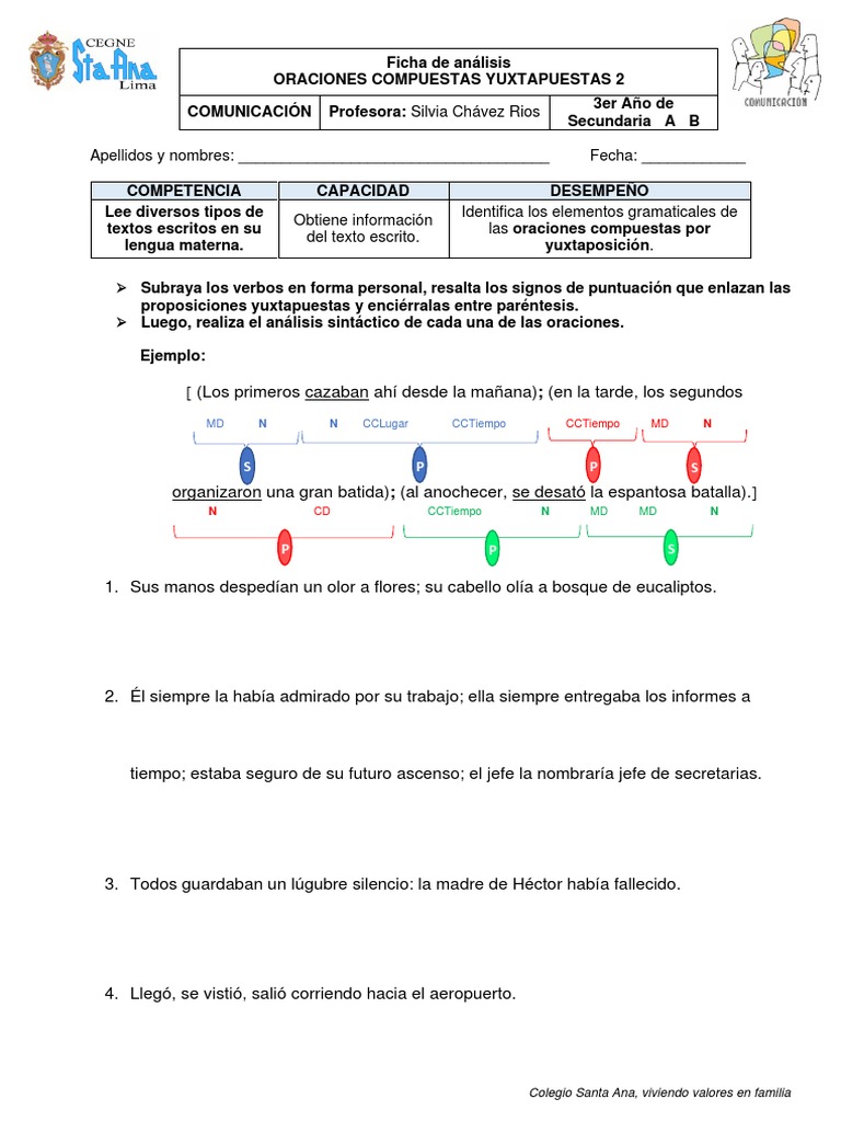 SESIÓN 3 FICHA DE ANÁLISIS Oraciones Compuestas Yuxtapuestas 2 | PDF | Oración (Lingüística ...