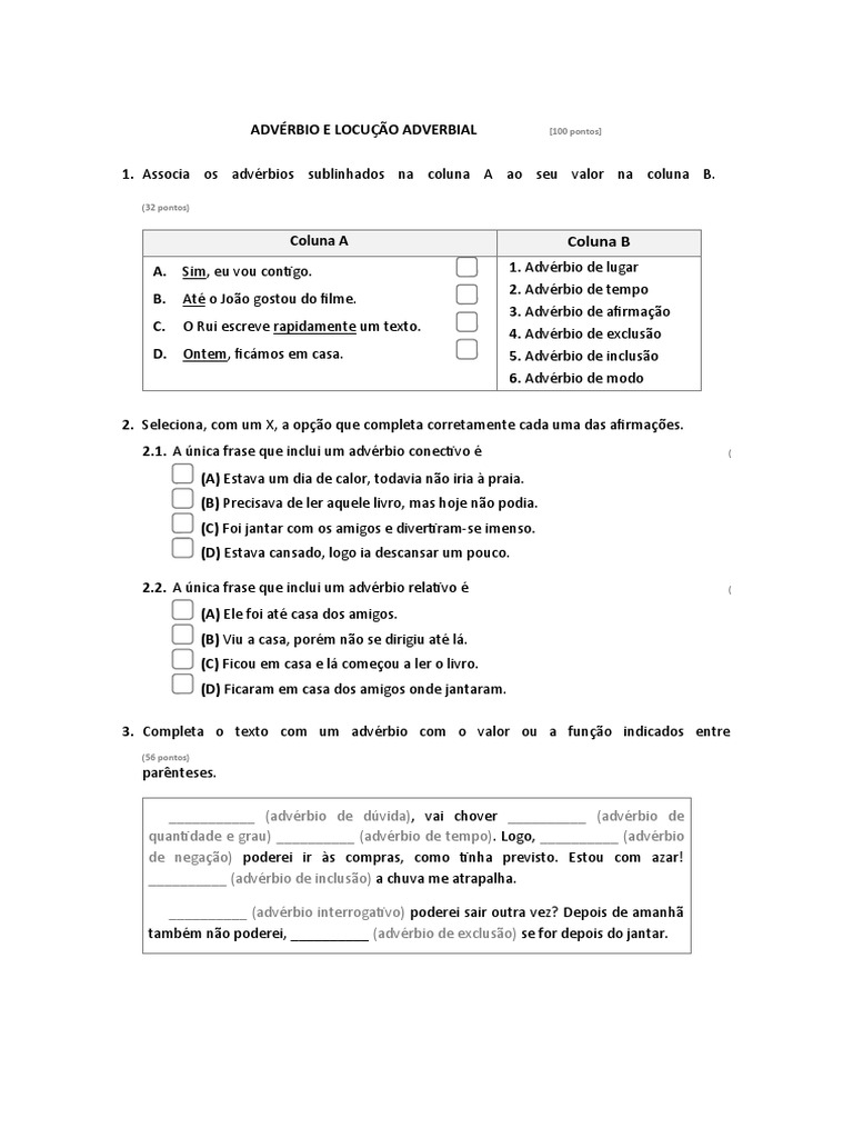 Ficha | PDF | Assunto (gramática) | Advérbio