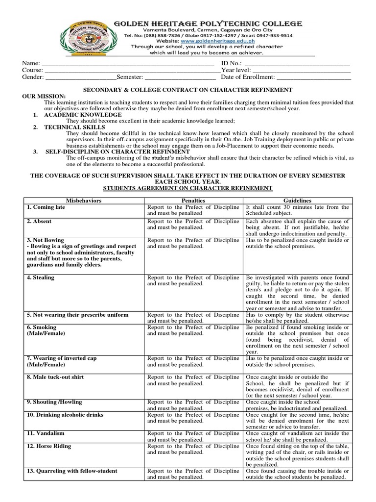 Secondary & College Contract on Character Refinement: Guidelines for ...