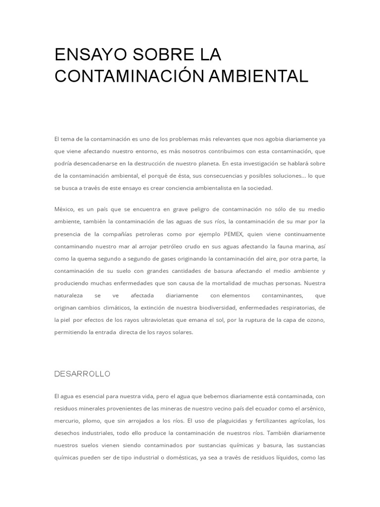 Ensayo Sobre La Contaminación Ambiental | PDF | Contaminación | Entorno ... Ensayo Sobre La Contaminación Ambiental | PDF | Contaminación | Entorno ...