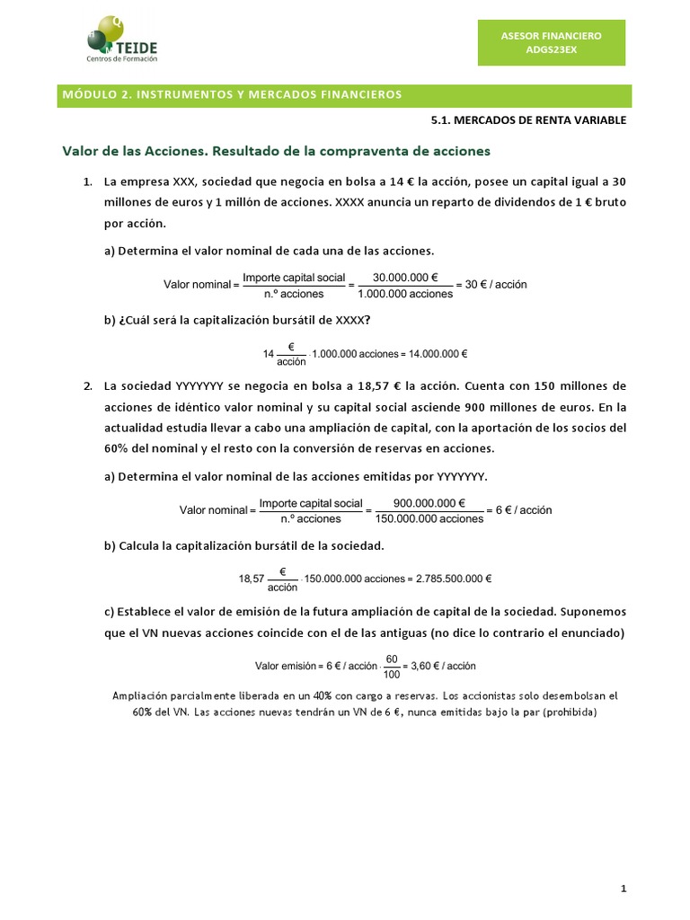 Soluciones Ejercicios 5.1 RENTA VARIABLE | PDF | Compartir (Finanzas) | Bolsa