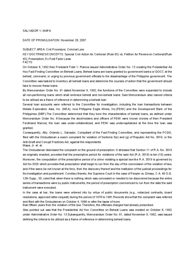 SALVADOR vs. Mapa Case Digest | PDF | Ex Post Facto Law | Crime & Violence