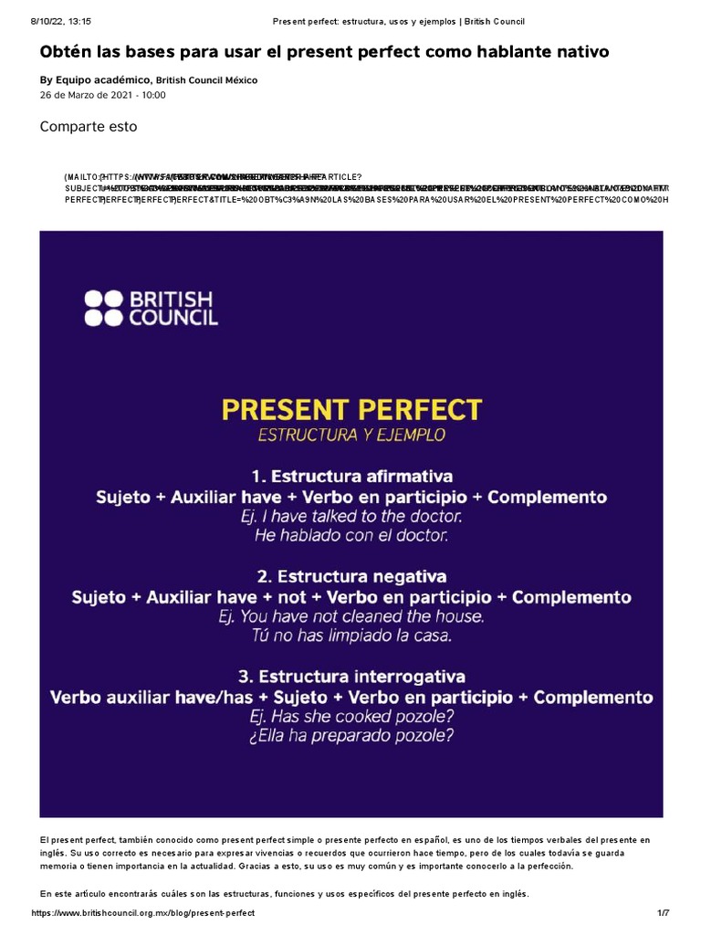 Present Perfect - Estructura, Usos y Ejemplos - British Council | PDF ...