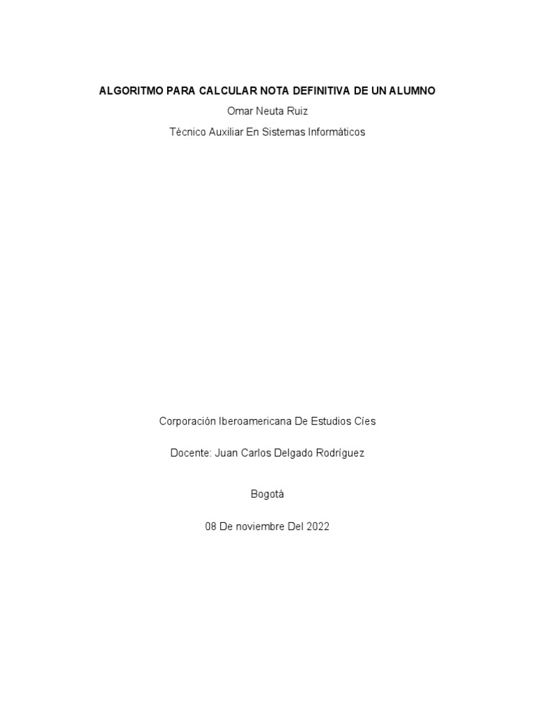 Algoritmo para Calcular Nota Definitiva de Un Alumno | PDF