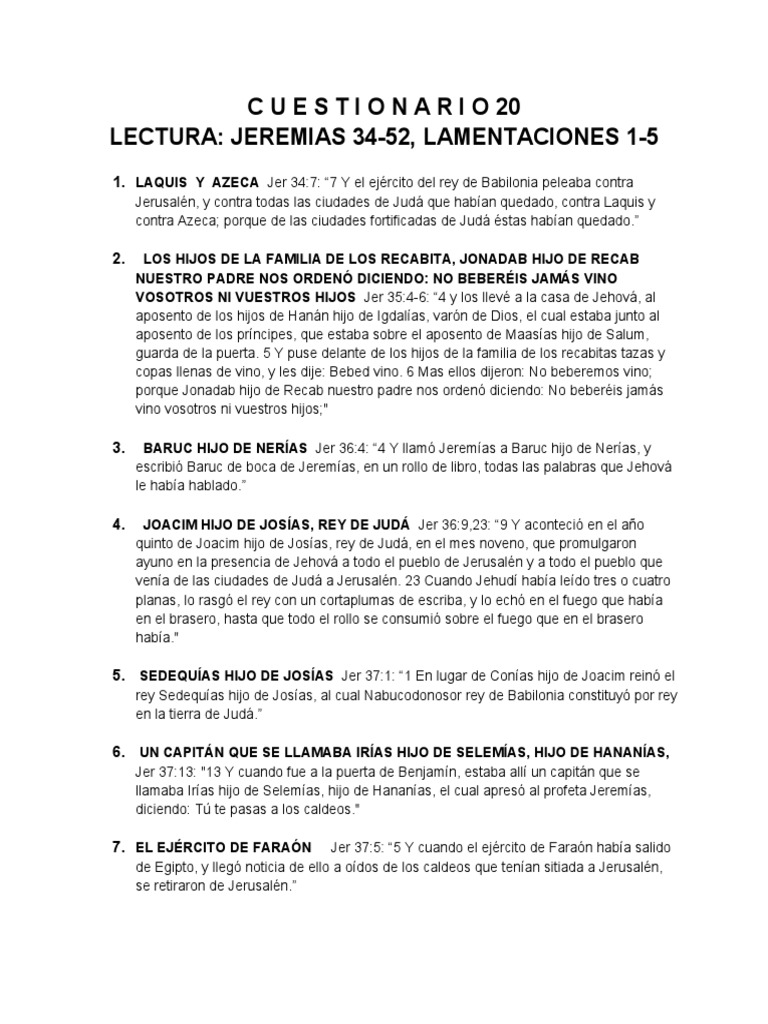 Cuestionario 20 Jeremías 1a.parte (34-52) Respuestas | PDF | Jeremías ...