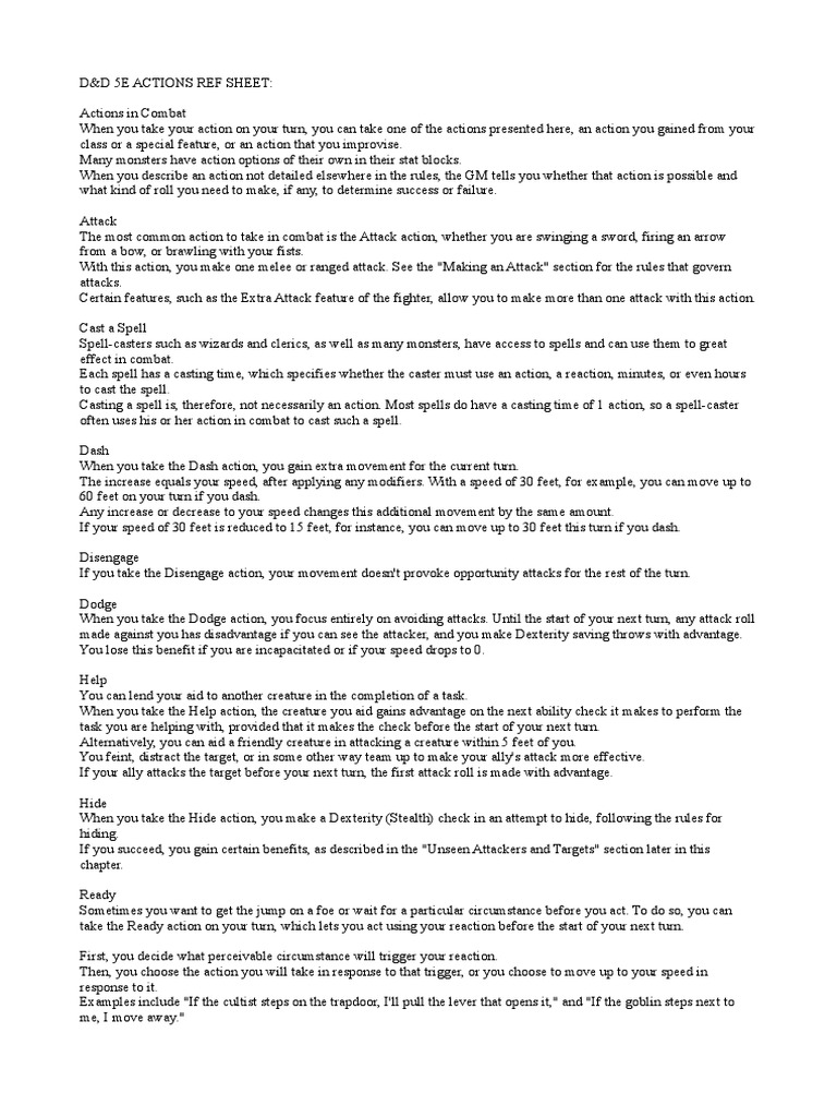 D&D 5E ACTIONS CHEAT SHEET | PDF
