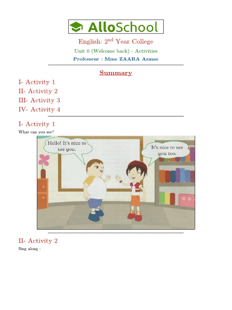 Unit 0 Welcome Back Activities 2 | PDF
