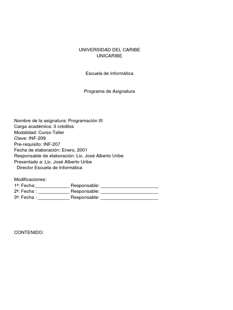 UNIVERSIDAD DEL CARIBE UNICARIBE. Escuela de Informática. Programa de Asignatura | PDF | Gestión ...