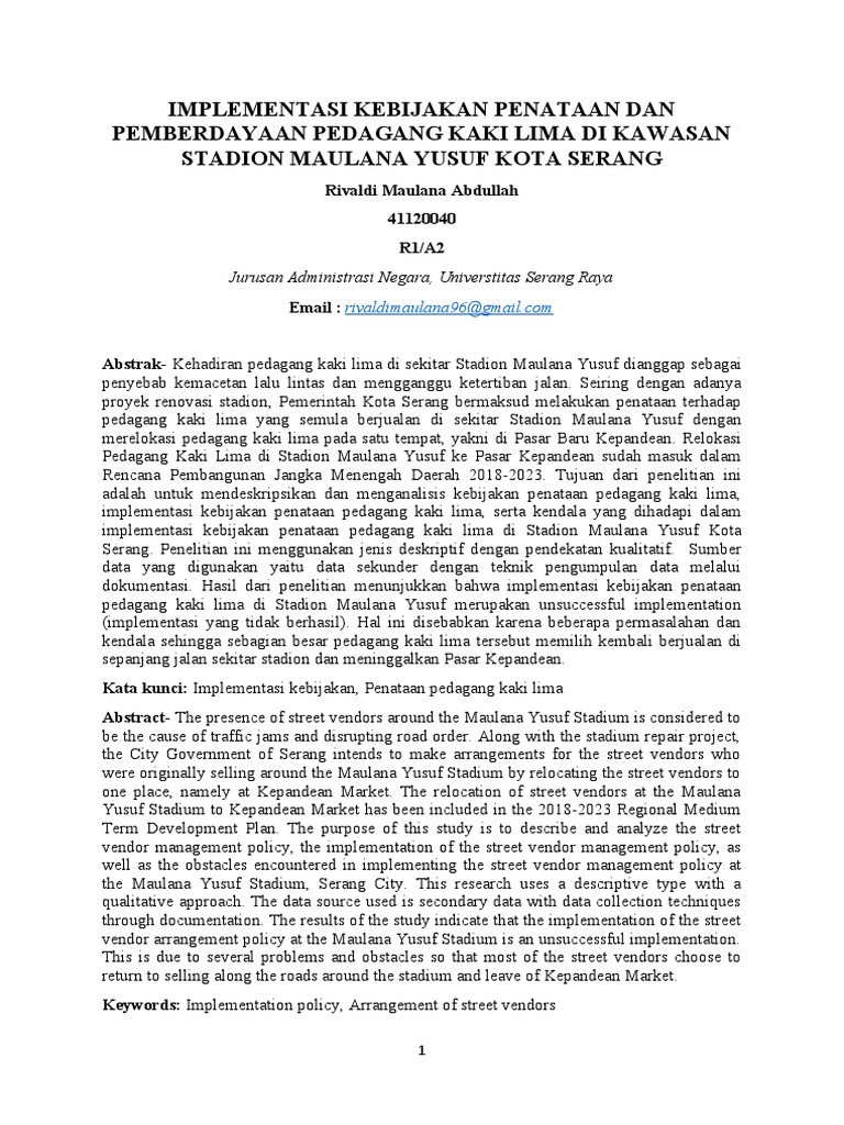 Implementasi Kebijakan Penataan Dan Pemberdayaan Pedagang Kaki Lima Di Kawasan Stadion Maulana ...