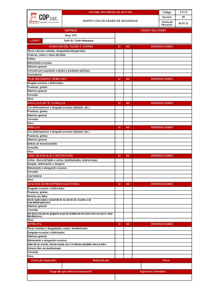 11.EMG - FOR17-010 Formato Inspeccion de Arnés de Seguridad | Descargar gratis PDF | Corrosión ...