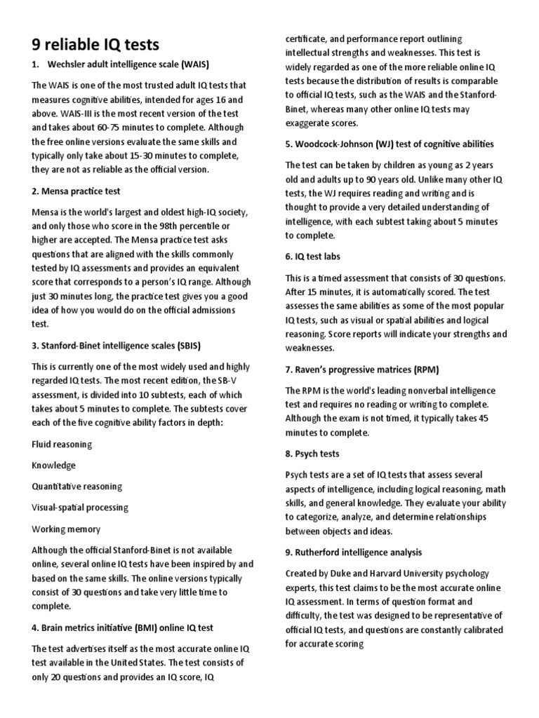 9 Reliable IQ Tests | PDF | Intelligence Quotient | Wechsler Adult ...