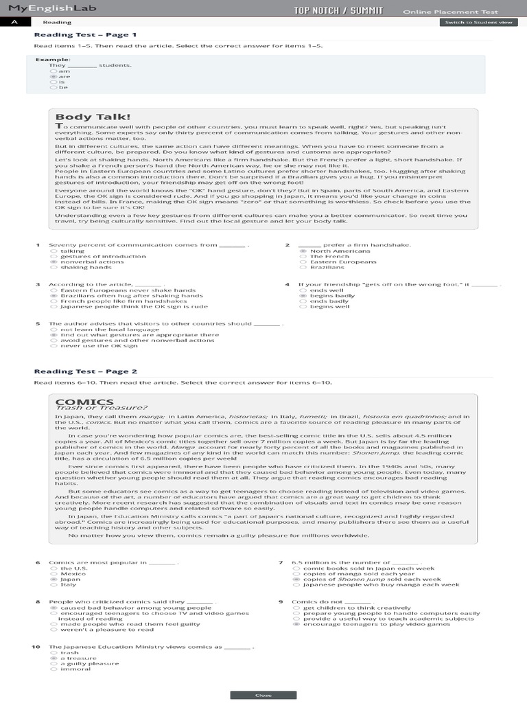Reading Test - Mode Preview - Placement Test A Reading - Top Notch | PDF
