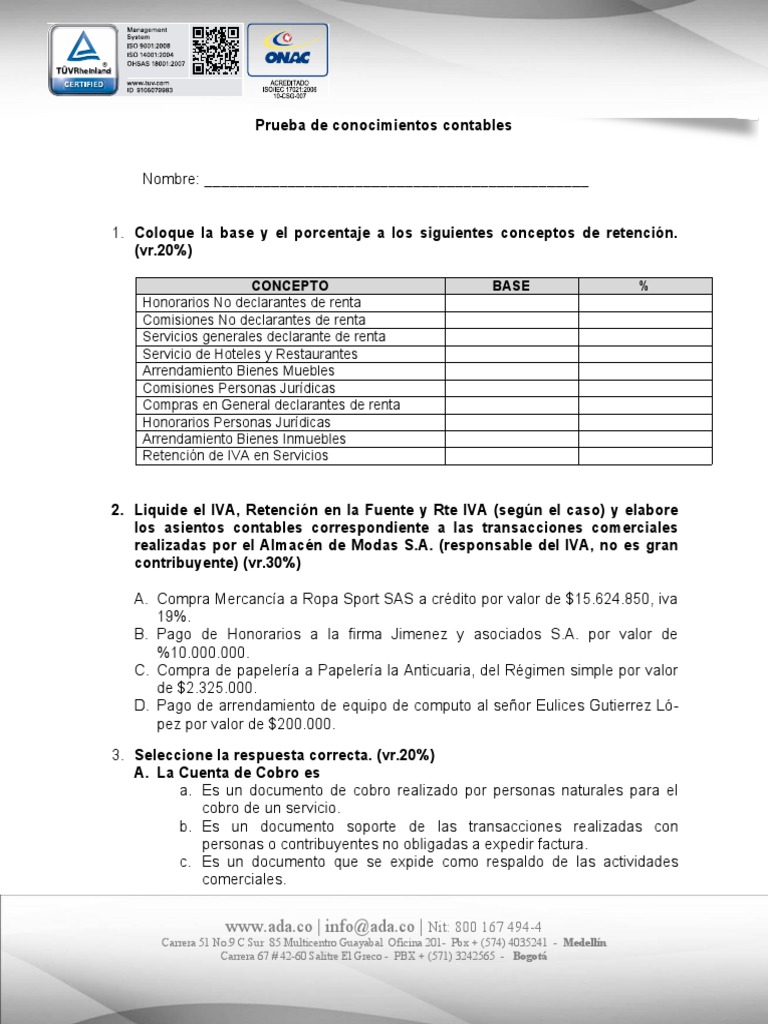 Prueba de Conocimientos Contable | PDF | Bancos | Contabilidad