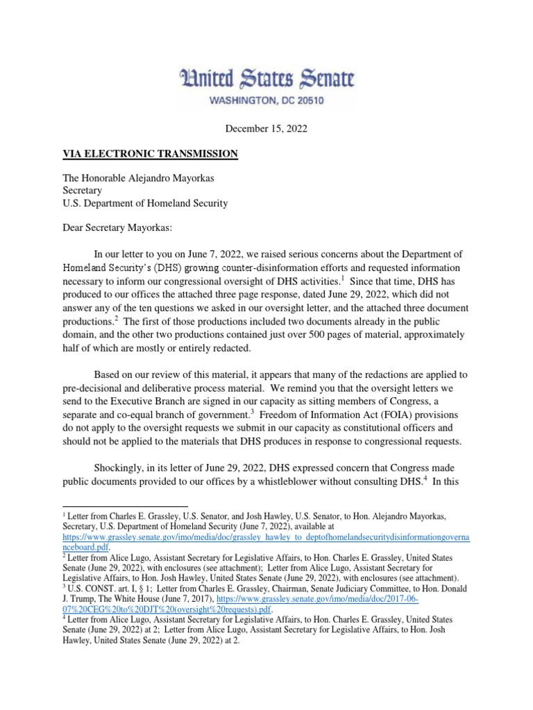 Dec 15 Grassley Hawley DHS Letter | PDF | United States Department Of ...