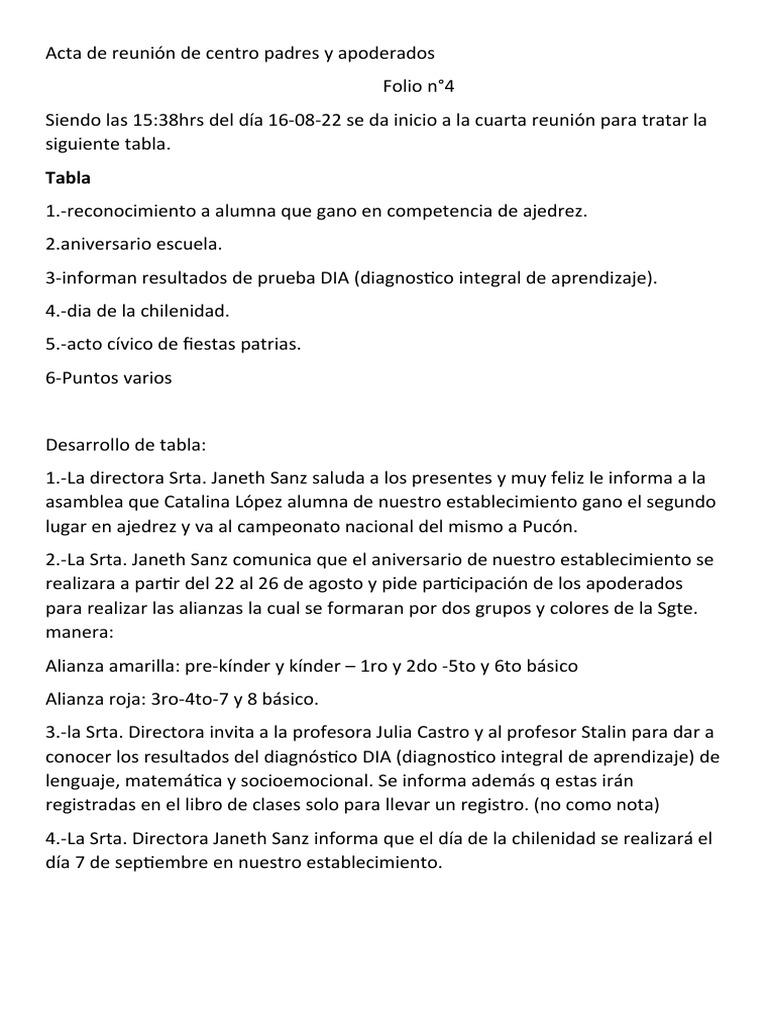 Acta de Reunión de Centro Padres y Apoderados | PDF