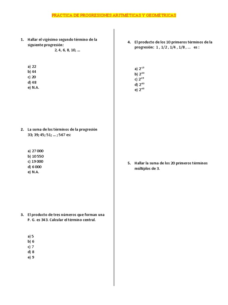 Práctica de Progresiones Aritméticas y Geométricas | PDF