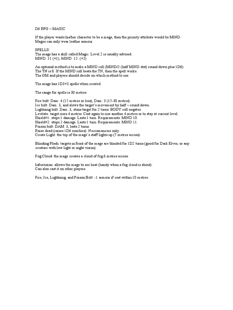 Character Creation And Spell Options For Mages In A D6 Rpg System Pdf