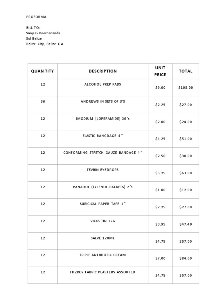 Sol Belize Proforma | PDF