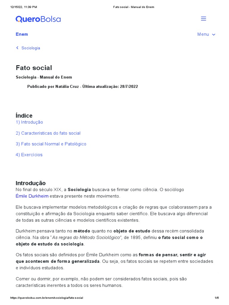Fato Social - Manual Do Enem | PDF | Sociologia | Émile Durkheim