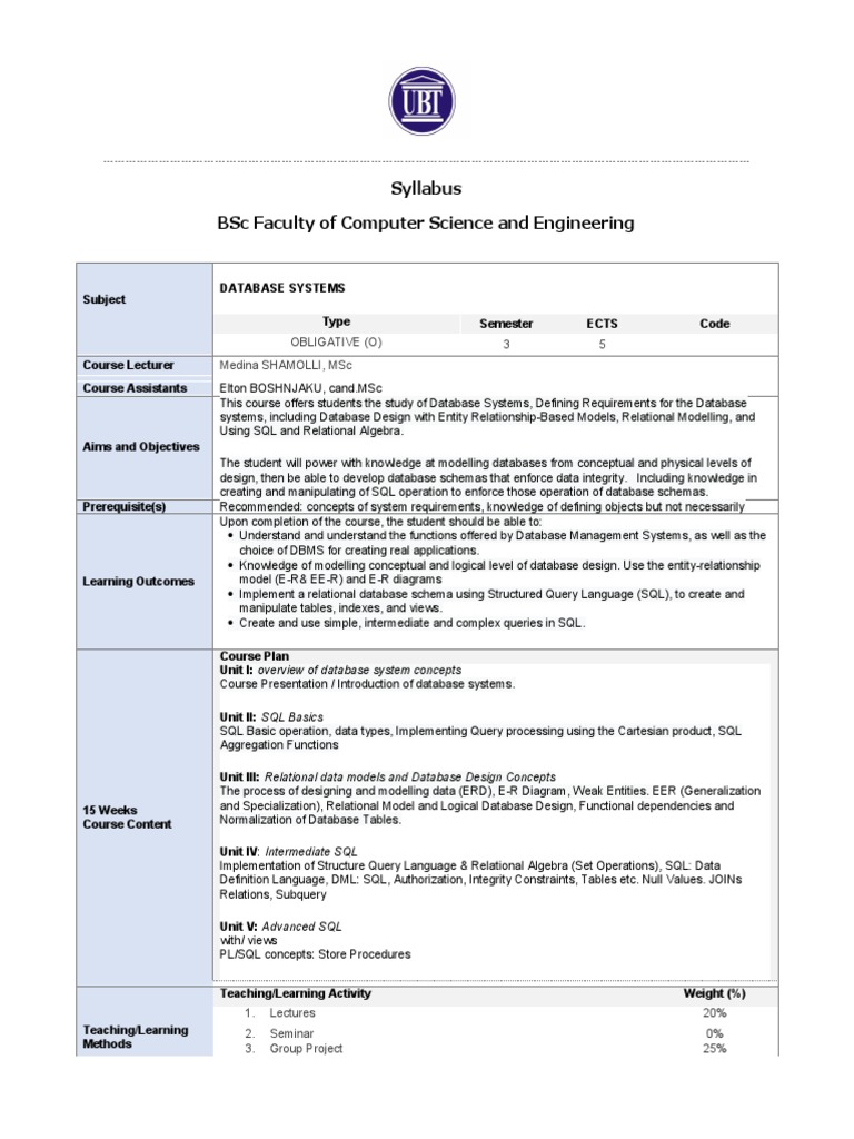 Database Systems Syllabus Overview | PDF | Databases | Sql