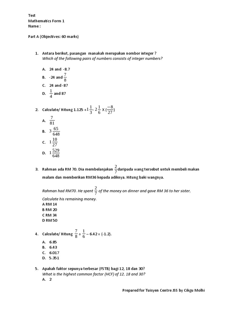 Form 1 Algebra Test Questions | PDF | Algebra | Arithmetic