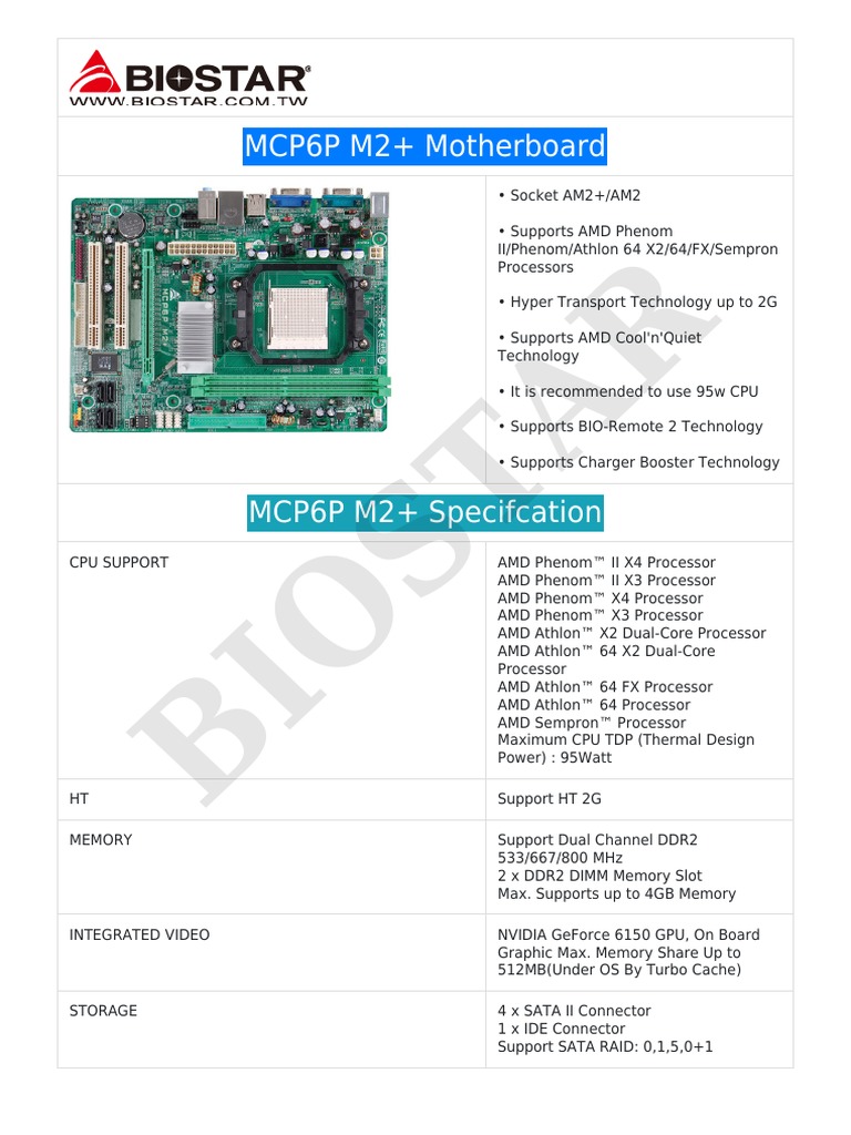 Biostar MCP6P M2+ Spec | PDF | Advanced Micro Devices | Computer Engineering