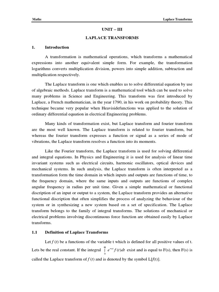 Unit III Laplace Transform PDF | PDF | Fourier Transform | Equations