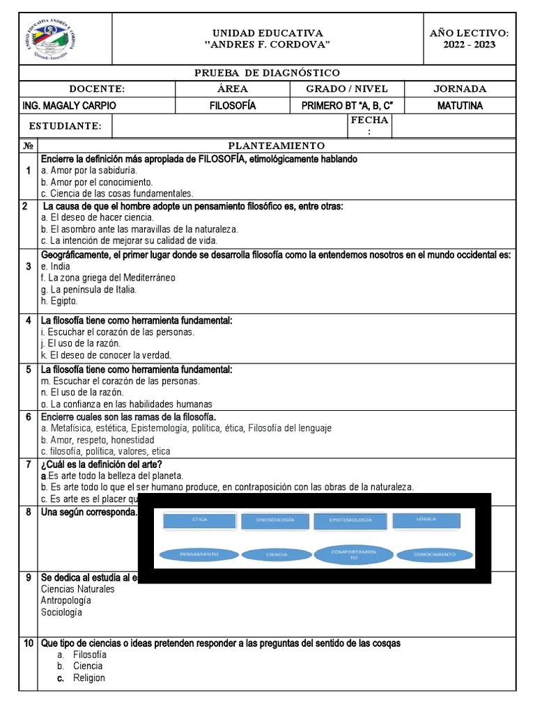 Evaluación Diagnostica de Filosofía Primero BT Abc | PDF
