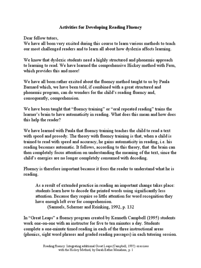 Fluency - Activities For Developing Read | PDF | Phonics | Pedagogy