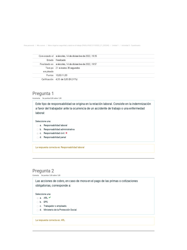 Actividad 5 - Cuestionario - Revisión Del Intento | PDF | Daños y perjuicios | Pensión