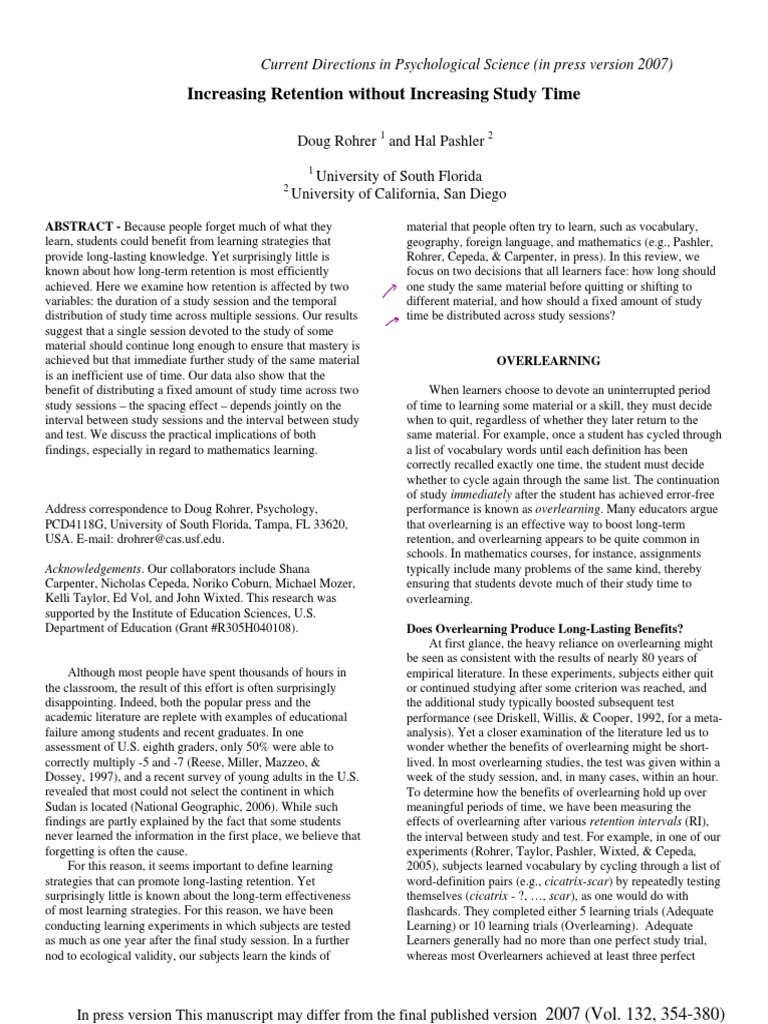 Increasing Retention Without Increasing Study Time | PDF | Learning | Experiment