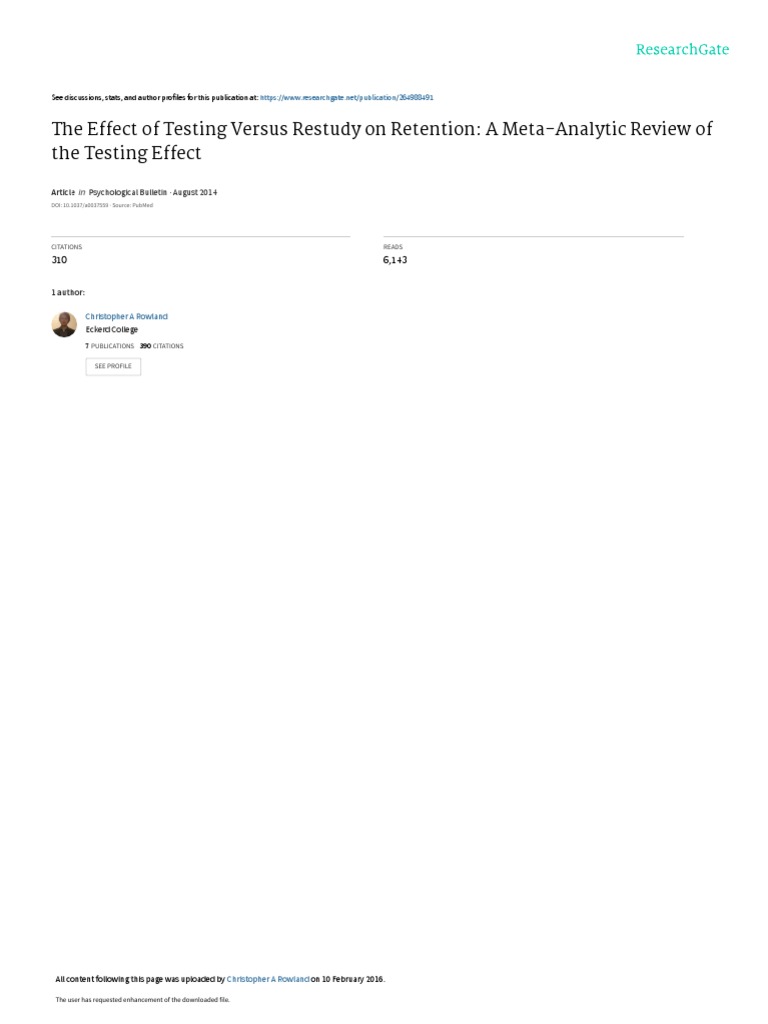 The Effect of Testing Versus Restudy On Retention - A Meta-Analytic ...